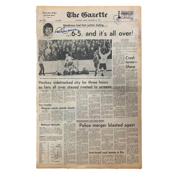 Paul Henderson Signed Original September 29, 1972 The Gazette Newspape ...