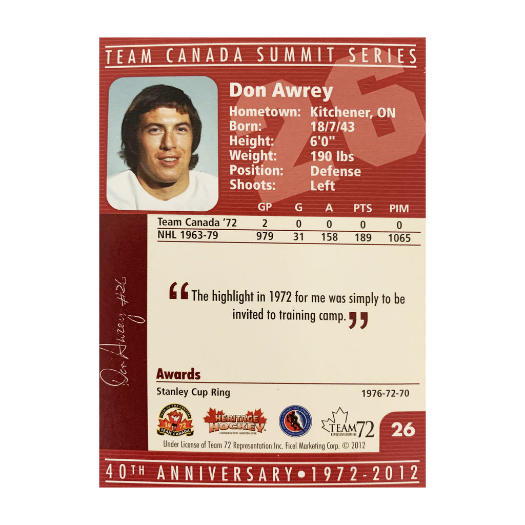 Don Awrey #26 Signed Official 40th Anniversary Team Canada 1972 Card ...