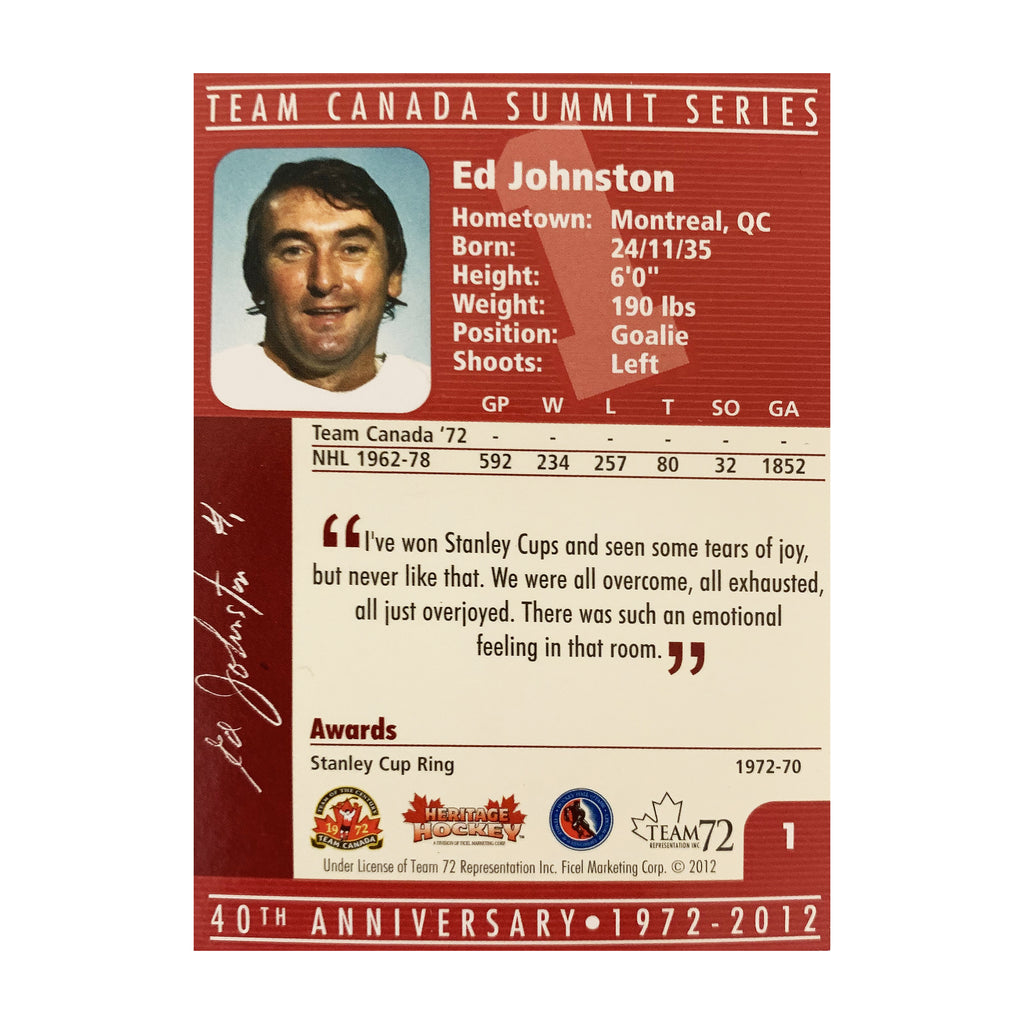 Ed Johnston #1 Signed Official 40th Anniversary Team Canada 1972 Card ...
