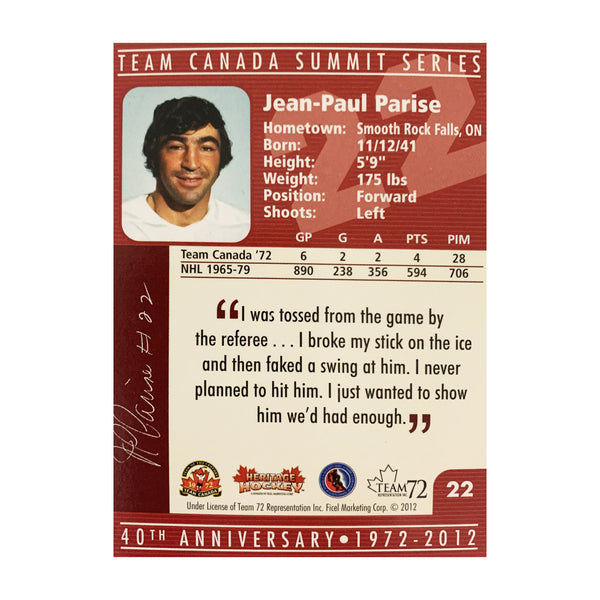 J.P. Parise #22 Signed Official 40th Anniversary Team Canada 1972 Card ...