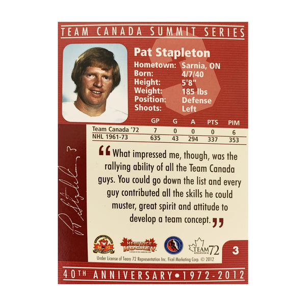 Pat Stapleton #3 Signed Official 40th Anniversary Team Canada 1972 Car ...